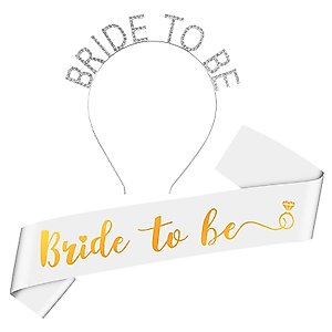2 PCS Bride to Be Sash, Bride Headband for Wedding, Rhinestone Bridal Tiara & White Gold Bride Sash Bachelorette Party Accessories for Bridal Shower, Engagement, Wedding