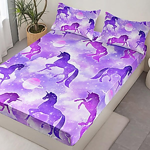 HOSIMA Purple Unicorn Bedding Sets for Girls Kids,Planet Cloud Unicorn Fitted Sheets Twin Bedding Set,Soft Microfiber Princess Toddler Bed Sheet Set with 15-Inch Deep Pockets.