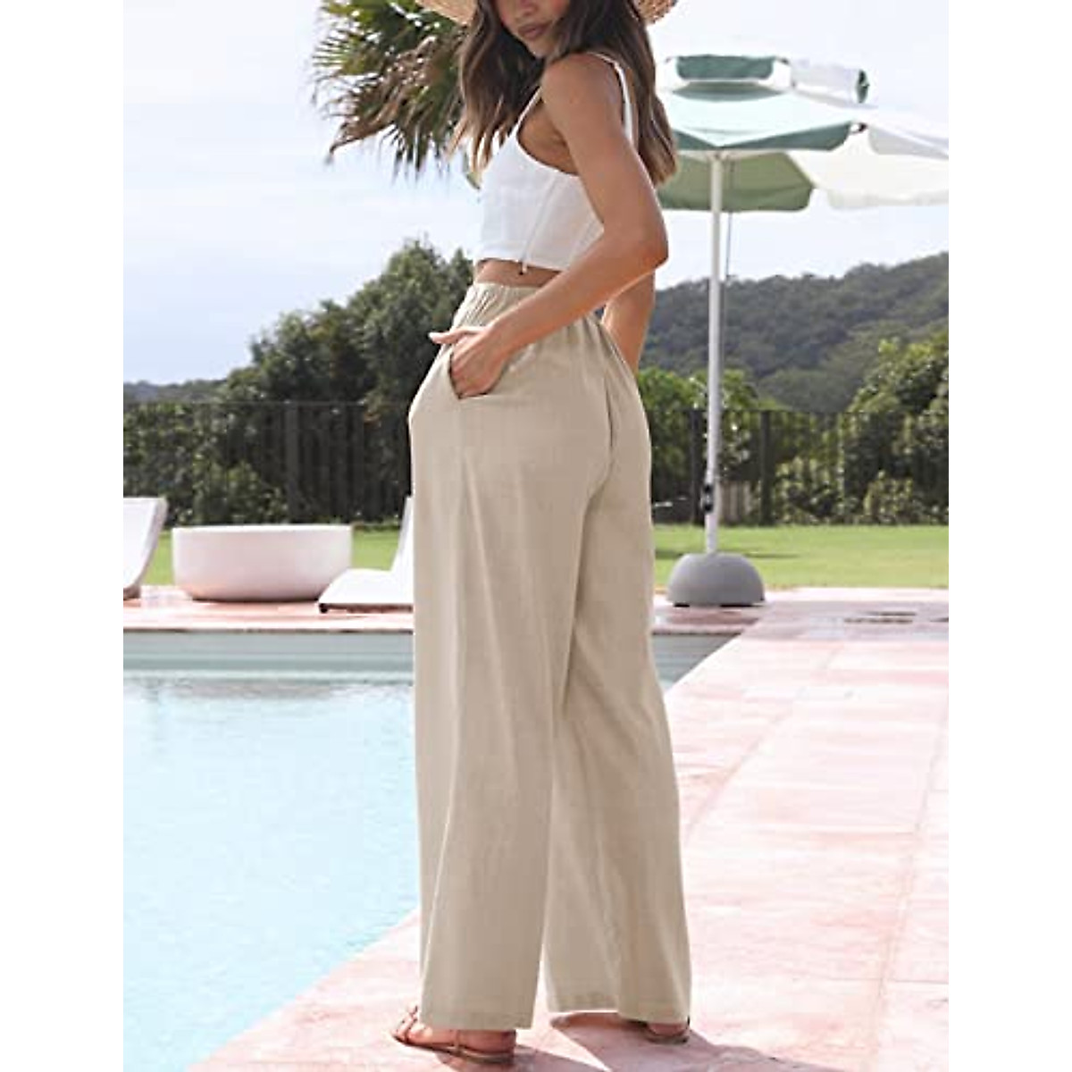Bianstore Women's Cotton Linen Palazzo Pants Flowy Wide Leg Elastic Waist Summer Beach Pants Trousers(Khaki-XL)