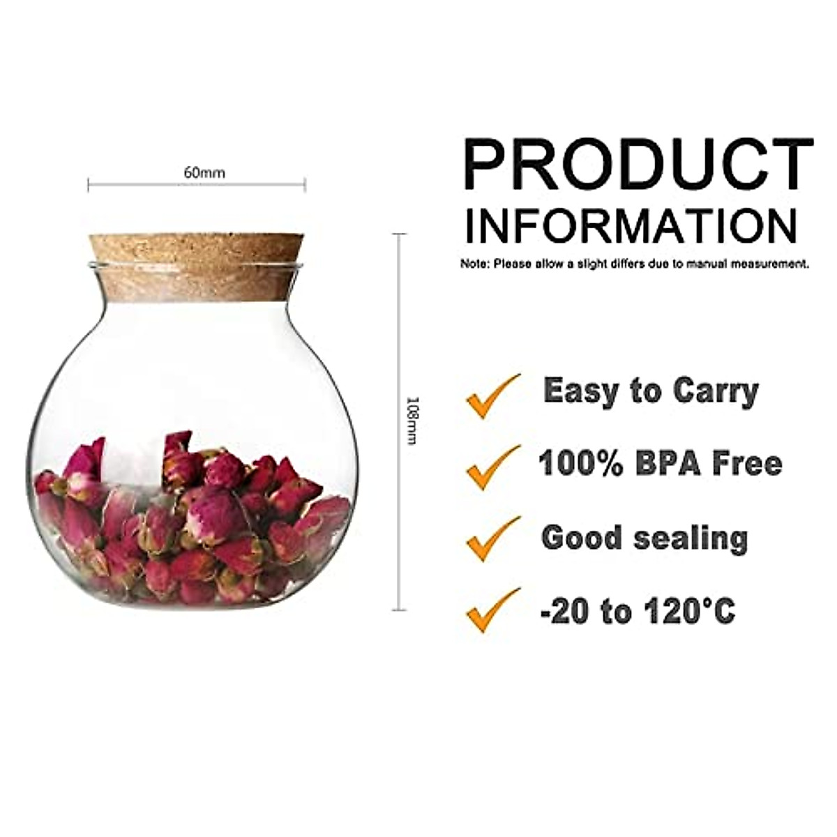 Snminetal 17oz Glass Jar Storage Containers,Wedding Candy Jar Kitchen Canisters, With Cork Airtight Lid, Perfect For Tea, Biscuits, Cereals, Flour, beans, Spices, Coffee Beans (2PCS)