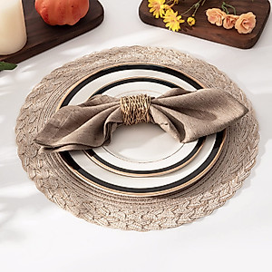 SHACOS Round Placemats Set of 6 Boho Woven Braided Border Table Mats Washable Heat Resistant 15 inch Circle Place Mats for Dining Table, Beige