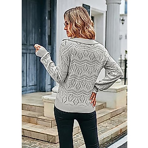 Women's 2023 Fall Lapel Collar V Neck Long Sleeve Knitted Comfy Loose Casual Pullover Sweater Jumper Top Grey L