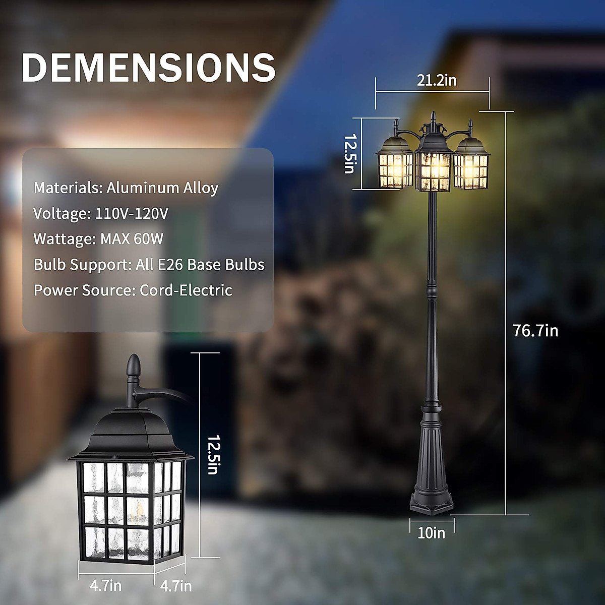 3-Head Outdoor Lamp Post Light Fixture, Dusk to Dawn Aluminum Post Lights Hard Wired, Sensor Pole Lights for Yard, Street Light Posts for outside with Water Ripple Glass Shade, E26 Base