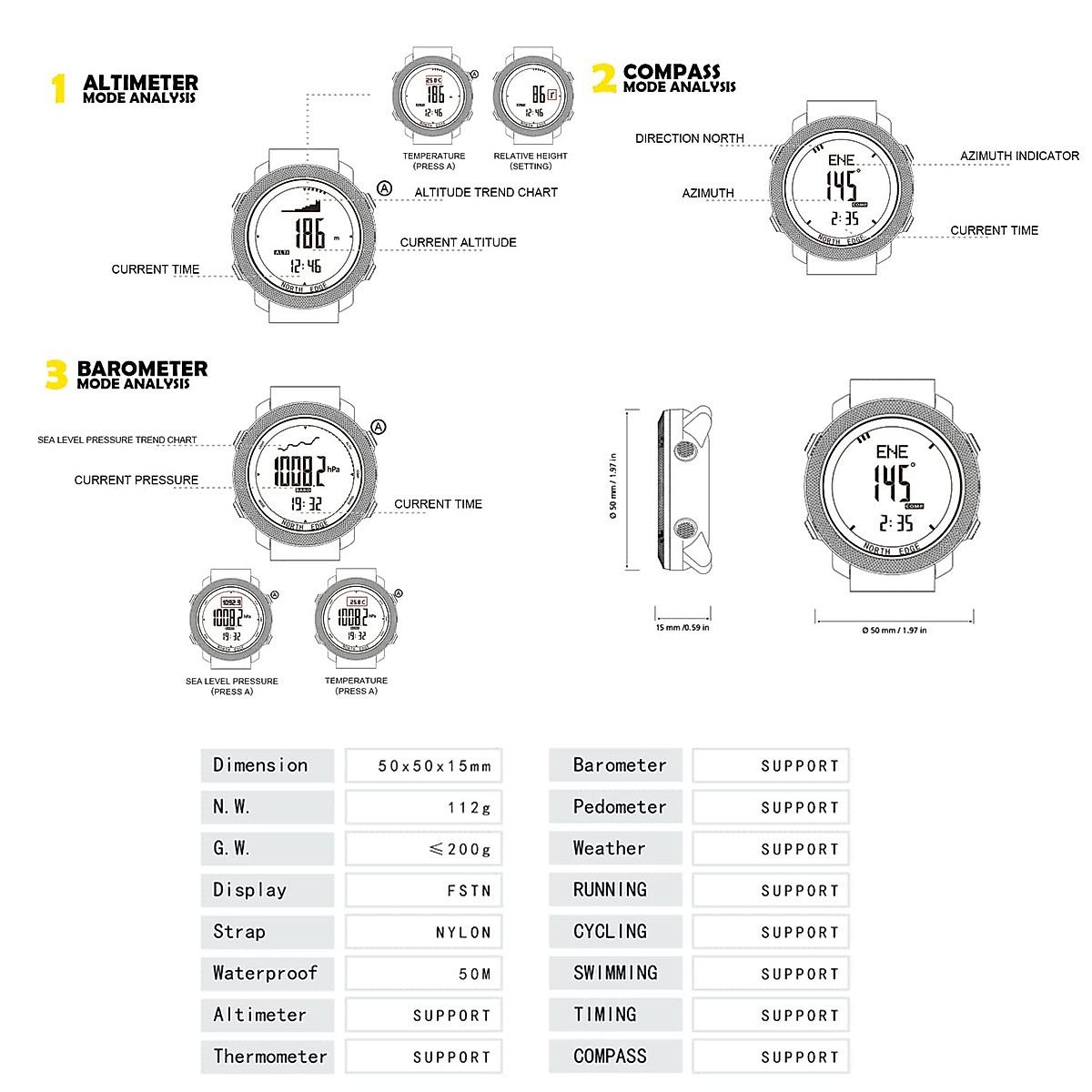 North Edge Apache Tactical Sports Watches for Men , Outdoor Survival Military Compass Rock Solid Digital Watches with Durable Band, Steps Tracker Pedometer Calories (Green)…