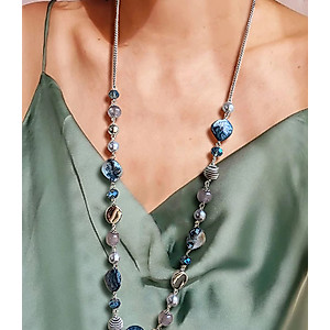 FULU AUTUMN Long Beaded Necklaces for Women Silver Link Chain Necklace with Shell Crystal Beads, Party Gifts for Her(Blue)
