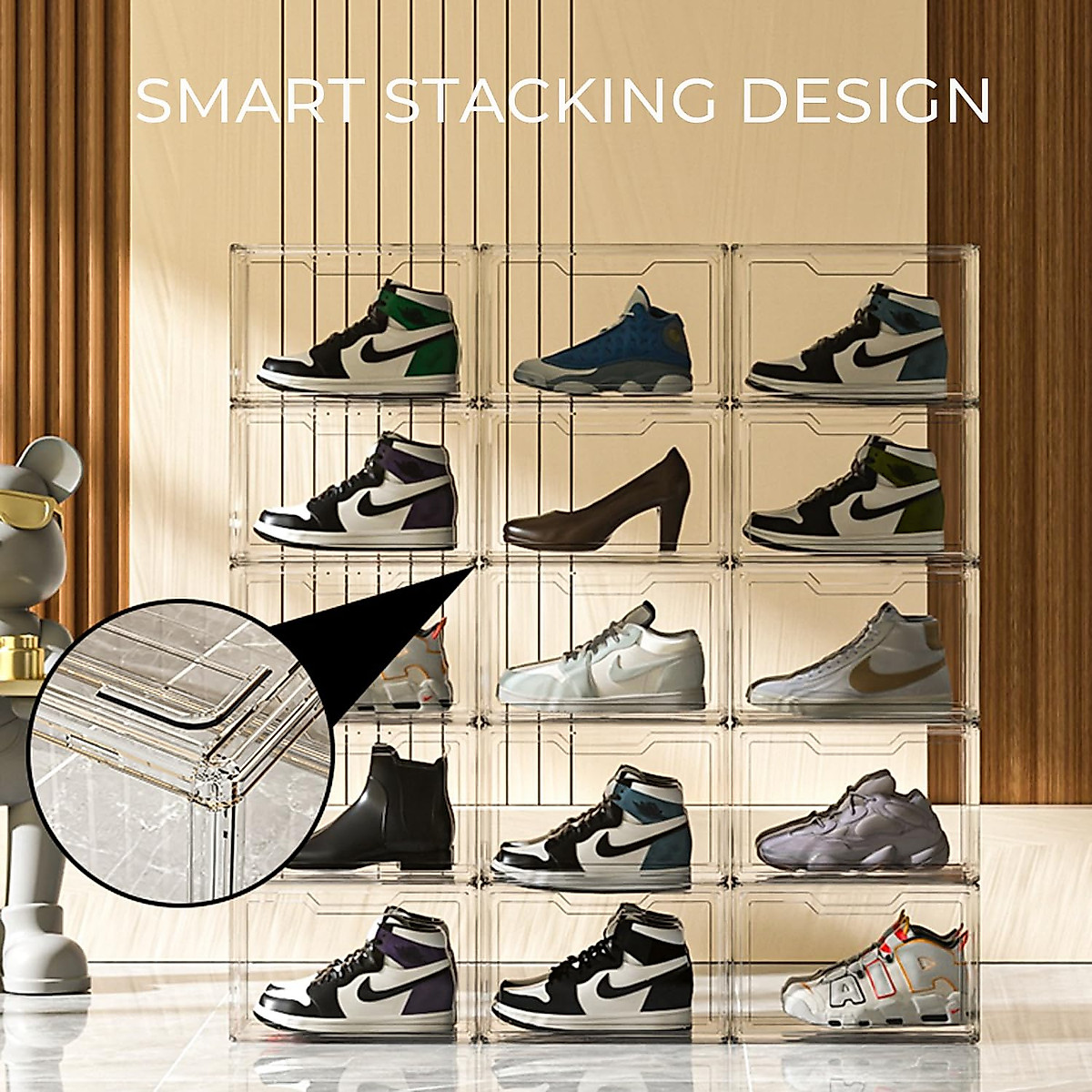 KOKOIN Magnetic Acrylic Clear Shoe Boxes – 360° Clear Plastic Stackable Sneaker Storage Box Shoe Display Box Professional Grade Shoe Display Case, Shoe Organizer for Closet (Transparent 6pc)