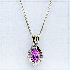 Dazzlingrock Collection 9x6 mm Pear Lab Created Pink Sapphire & Round White Diamond Swirl Teardrop Pendant with 18 inch Gold Chain for Women in 10K Yellow Gold