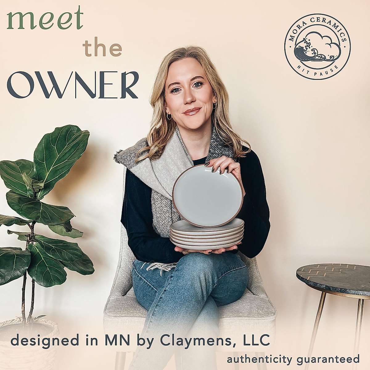 Mora Ceramic Plates Set, 7.8 in - Set of 6 - The Dessert, Salad, Appetizer, Small Dinner etc Plate. Microwave, Oven, and Dishwasher Safe, Scratch Resistant. Kitchen Porcelain Dish - Earl Grey