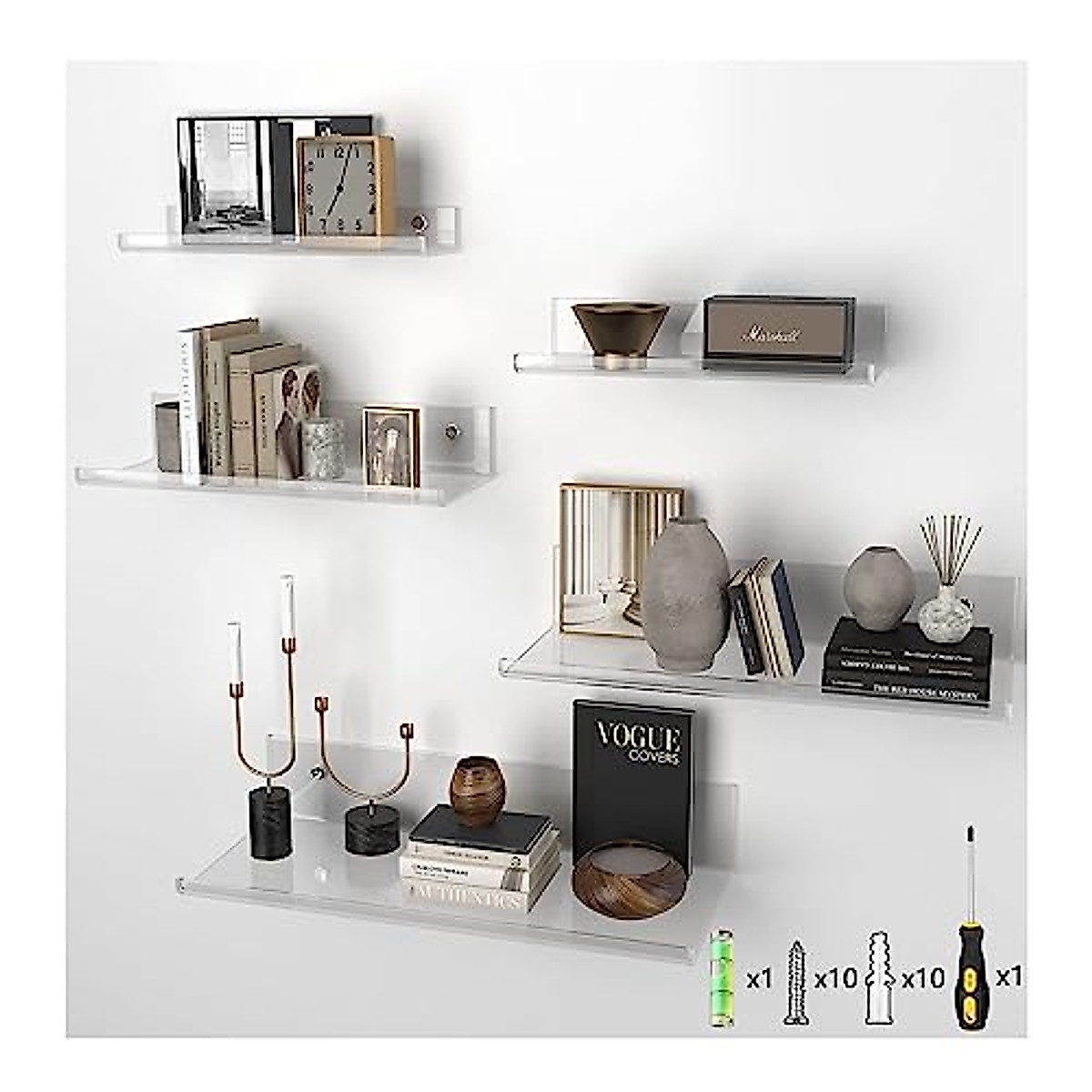 Avveckel Acrylic Shelves, Clear Shelves, 5 Set Different Sizes Acrylic Shelf Floating Clear Shelves for Wall Wall Décor Storage Bedroom, Living Room, Bathroom, Kitchen, Small Farmhouse