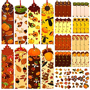 Spiareal 24 Sets Fall Decor Autumn DIY Bookmarks for Kids Thanksgiving Fall Craft Kits Paper Blank Bookmarks Art Set with Maple Leaves Turkey Acorn Mushroom Sunflower Pumpkins Stickers for Art Kit