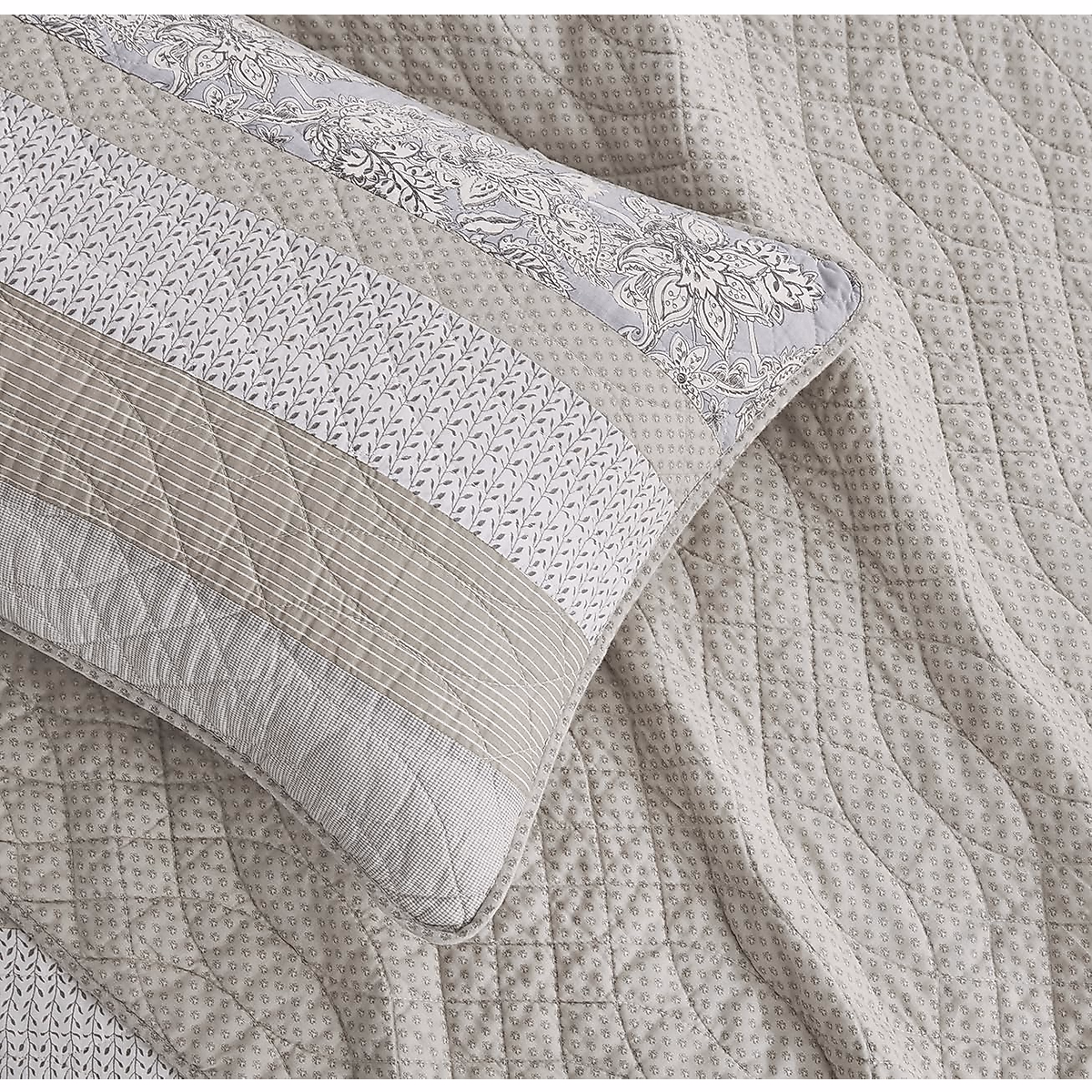 Chezmoi Collection Robyn 3-Piece Neutral Taupe Gray White Floral Hibiscus Flower Patchwork Striped Quilt Set - Pre-Washed Cotton Coverlet - Lightweight Reversible Bedspread, Queen Size