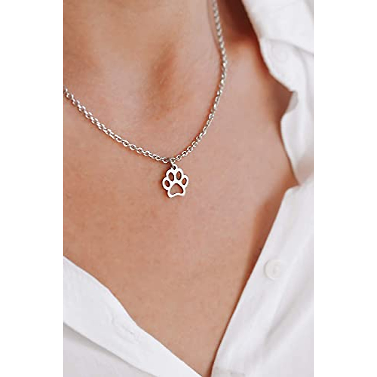 Silver paw necklace, dog paw outline pendant, silver tone stainless steel chain necklace, gift for her, animal cat jewelry, Layering necklace, pet lover, waterproof