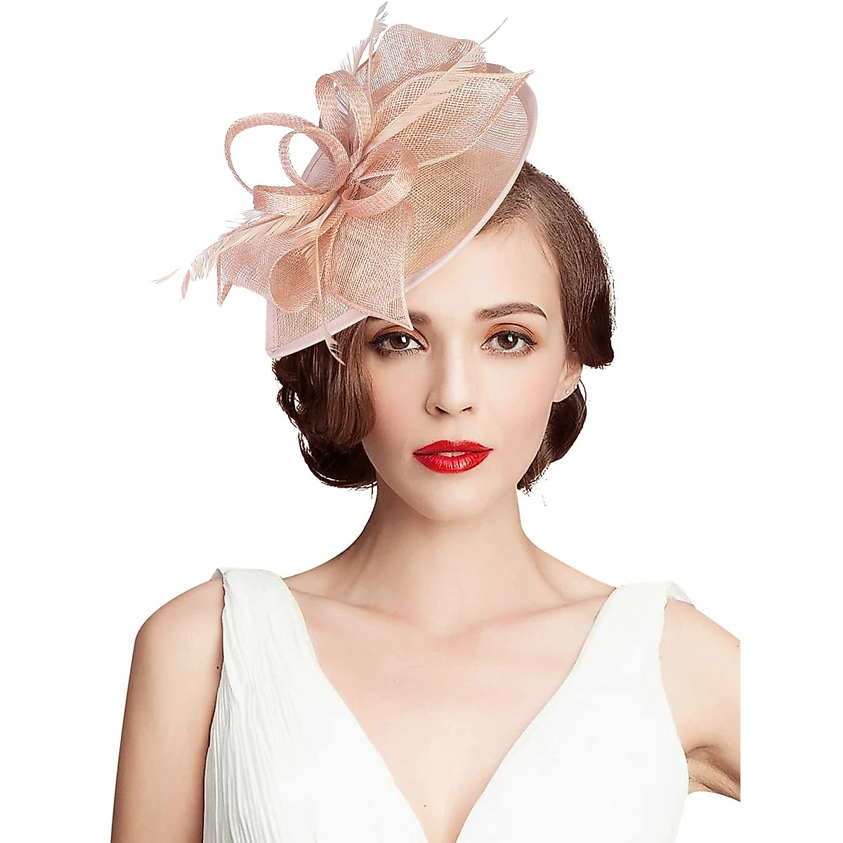 Z&X Wedding Fascinator Sinamay Headband Tea Party Hats for Women Flower Feather Derby Pillbox Hat Clips Peach Pink