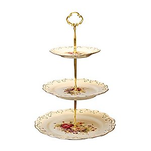 YOLIFE 3 Tiered Cupcake Stand, Cream Color Cake Platters, Flowering Shrubs Emboss Golden Leaves Edge Porcelain Tea Serving Tower Tray for Party Dessert Pastry