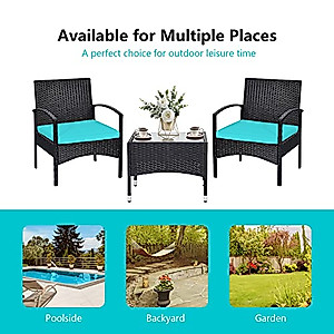 RELAX4LIFE 3-Piece Patio Furniture Set - Rattan Conversation Set, Wicker Bistro Set W/ 2 Chairs, Glass Table, Steel Frame, Outdoor Chairs Set for Yard, Balcony, Front Porch Furniture(Turquoise)