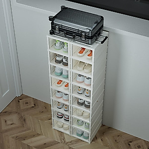 DY GMD Foldable Shoe Rack, Collapsible Plastic Shoe Organizer with Doors Sturdy Easy to Assemble for Closet,Shoe Storage Boxes -9 Tier（White Doors）