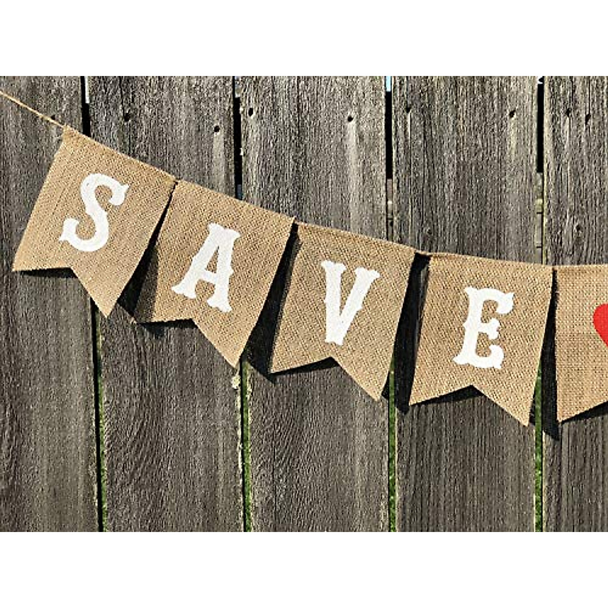 Save The Date Burlap Banner - Engagement Picture Prop Wedding Announcement - Ready to Hang Bridal Shower Decoration – White Letters & Red Hearts Garland by Jolly Jon