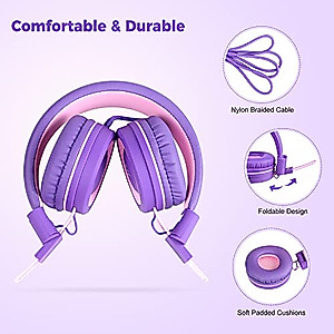 Yomuse C89 Kids Headphones, Wired Headphone Without Microphone, On Ear Headphone with Adjustable, 3.5mm Aux Nylon Cable, Foldable Headphones for School Travel Girls Boys (Pink Purple)