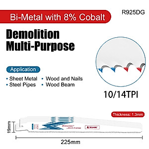 EZARC Reciprocating Saw Blade Bi-Metal Cobalt Sabre Saw Blades for Multi-Purpose 9-Inch 10/14TPI R925DG (5-Pack)