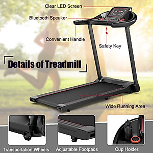 GYMAX Foldable Treadmill, 2.25HP Folding Treadmill with LED Monitor, 12 Preset Programs, APP Control, Blue Tooth Speaker & Pulse Sensor, Portable Compact Small Treadmill for Apartment/Home/Gym (Red)