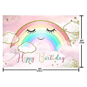 MEHOFOND Rainbow Birthday Backdrop Pink and Gold Smile Rainbow Cloud Birthday Party Decorations Supplies for Girl Princess Photography Background Banner Cake Table Photo Shoot Studio Props Vinyl 7x5ft