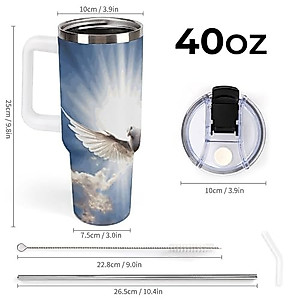 LLUTSNTH 40 Oz Vacuum Tumbler with White Handle Leakproof Insulated Tumbler Dove Sky Stainless Steel Travel Mug with Lid And Straw Coffee Cup Cute Water Bottles Cup Holder Friendly