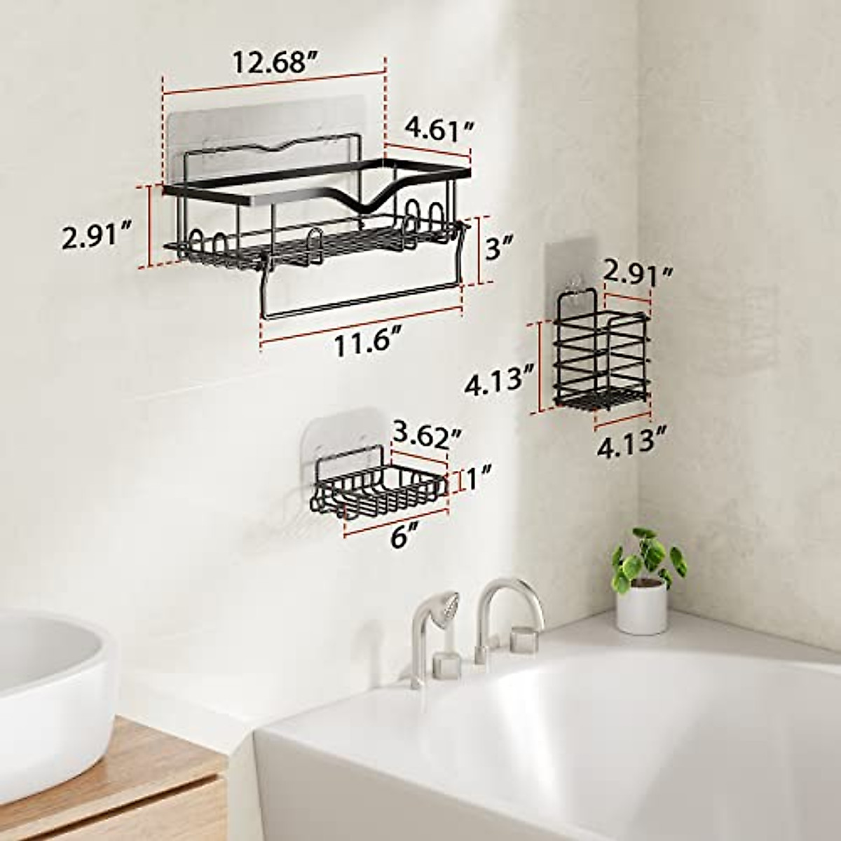 AMADA HOMEFURNISHING Shower Caddy Set, Stainless Steel Shower Organizer with Strong Adhesive, Shower Shelves with Toothbrush Holder, Soap Holder & Towel Bar, No Drilling, Set of 3, Black, AMHSR02B