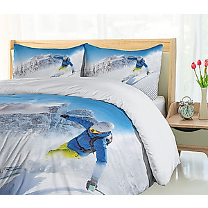 Ambesonne Winter Duvet Cover Set, Skier Skiing Downhill in High Mountains Extreme Winter Sports Hobby Activity, Decorative 2 Piece Bedding Set with 1 Pillow Sham, Twin Size, Blue White Yellow