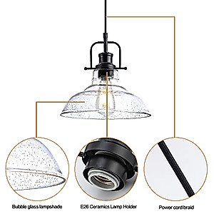 Zlepmlla Black Industrial Pendant Light Farmhouse 1-Light with Adjustable Cord, Clear Bubble Glass Shade,Rectangle Cute Hanging Lights for Hallway, Kitchen Island, Dinning Room