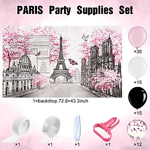 76 Pcs Paris Party Supplies Set Pink Paris Theme Party Decoration Eiffel Tower Party Backdrop White Pink Black Balloon Arch Garland Kit for Kid Boy Girl Birthday Decoration
