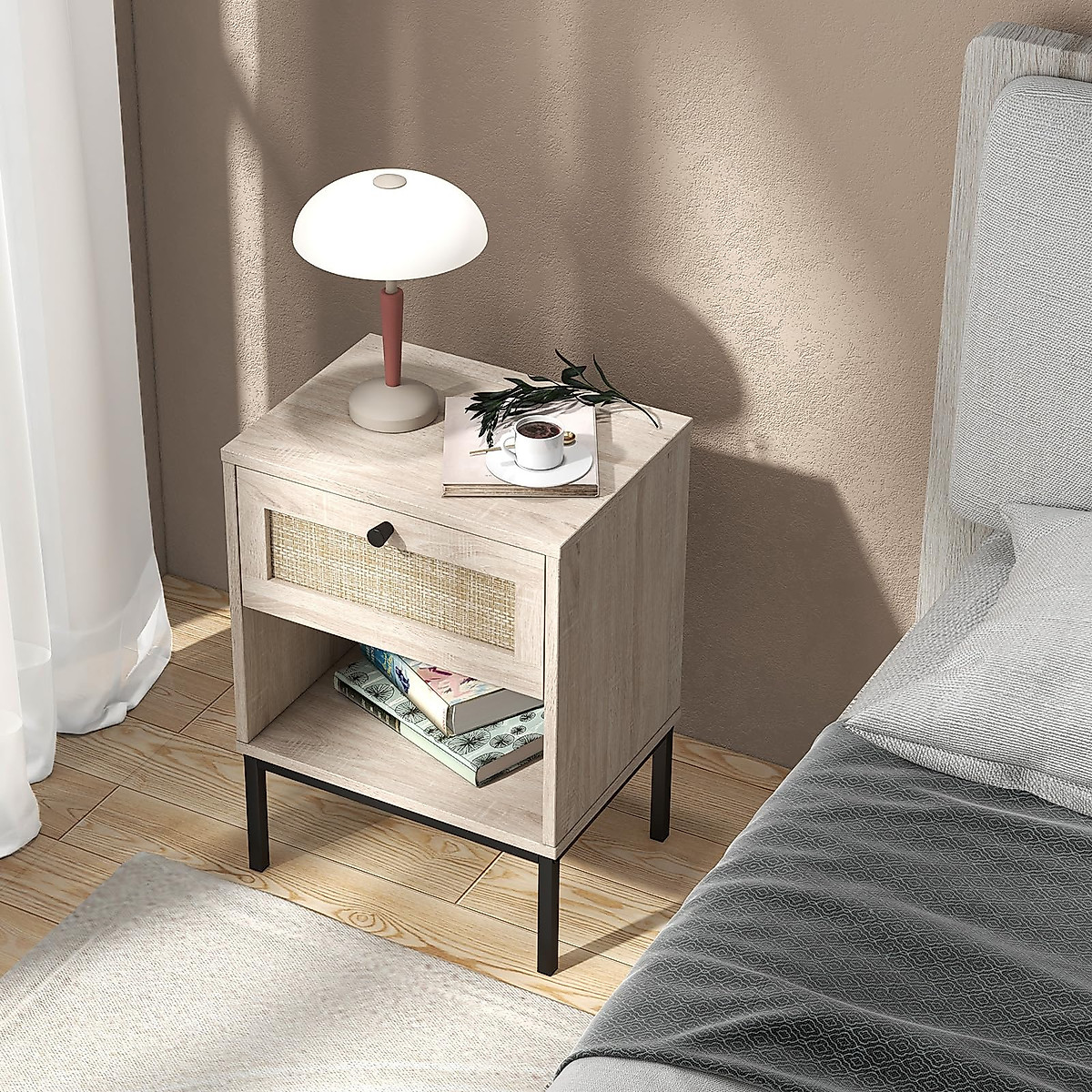 GOFLAME Rattan Nightstand Set of 2, Boho Bedside Table with Drawer & Open Shelf, Wooden End Table with Metal Legs, Farmhouse Sofa Side Table for Bedroom and Small Spaces, Oak