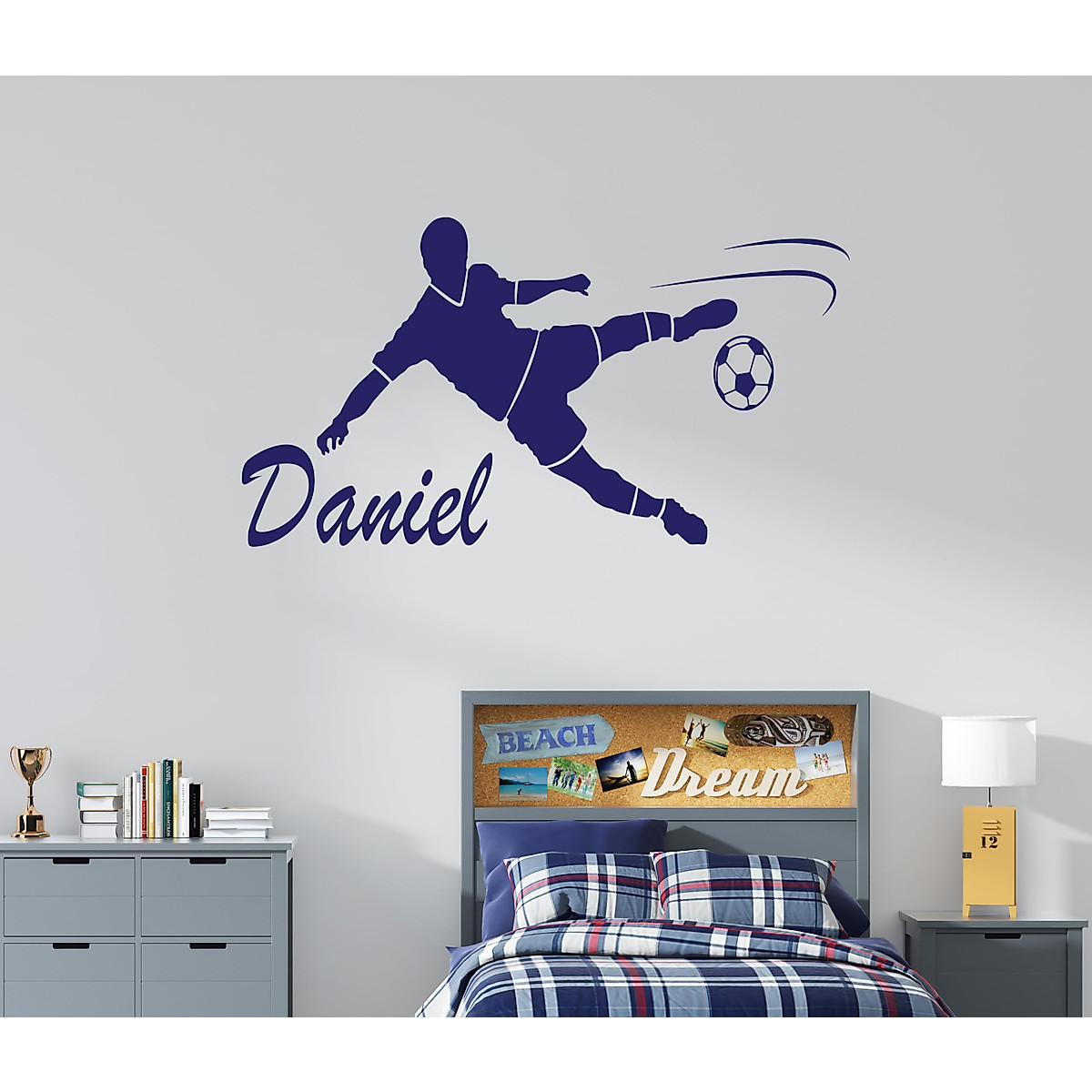 Custom Name Soccer Player Wall Decal - Soccer Wall Sticker - Wall Decal for Home Nursery Decoration (Wide 20"x9" Height Inches)
