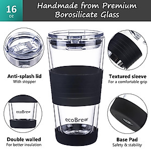 ecoBrew 16oz Double Wall Glass Tumbler with Lid, Glass Travel Mug, Dishwasher Safe & Microwavable Clear Coffee Tumbler To Go, Reusable Ceramic Cup with Lid