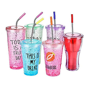 Hoshen 7 Piece 8.5 Inch Reusable Stainless Steel Straw Set With Anti-Scratch Mouth Silicone Tip, Bone Pack Set (3 Straight/3 Curved/1 Brush/6 Silicone Mouth) - Red