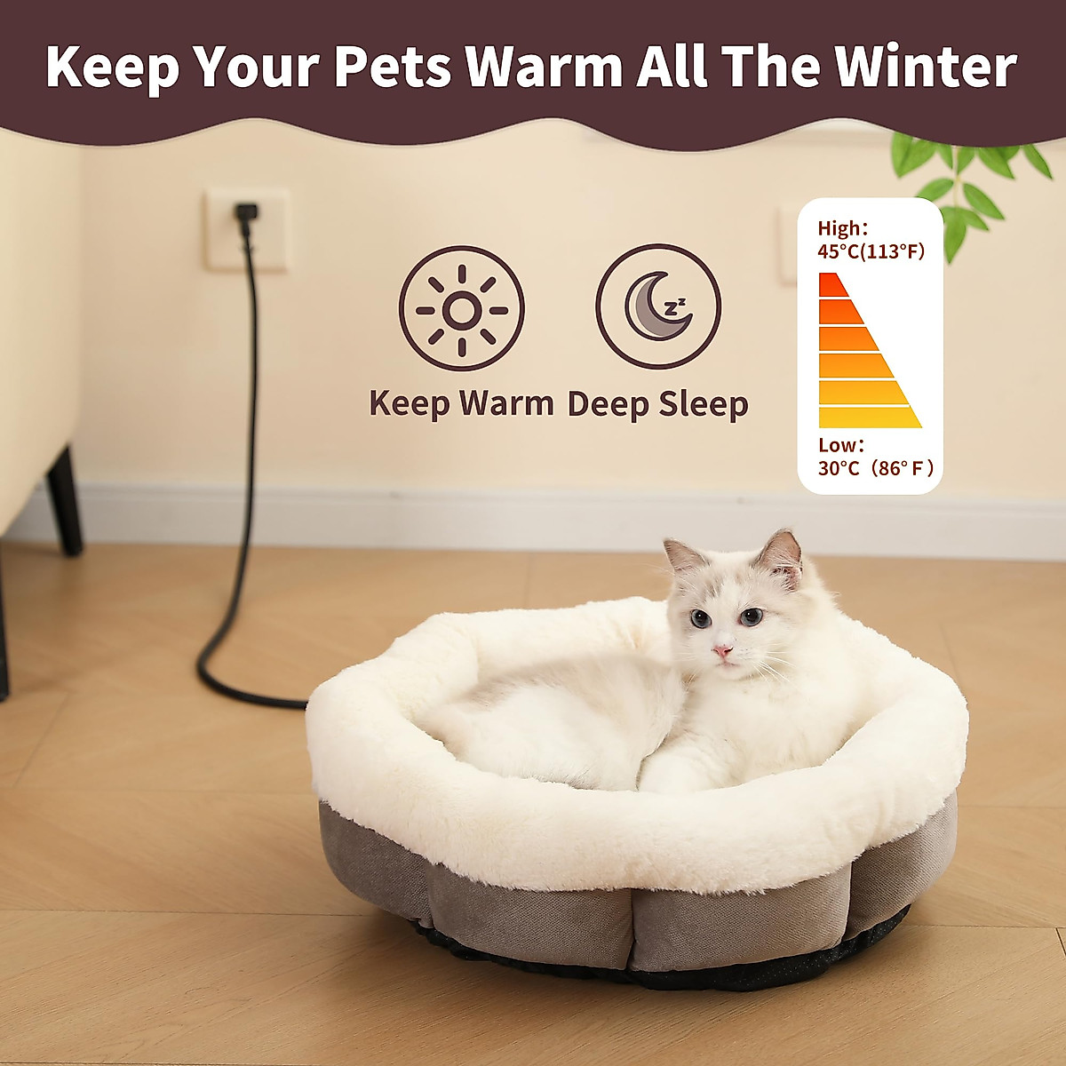 Heated Cats Bed for Kitty and Puppy,Pets Heating Pad, Heated Pets Bed with Thermostat, Washable Indoor Use Heated Cats Bed, Fluffy Warm Cats Heated Bed in Winter（20 Inches）