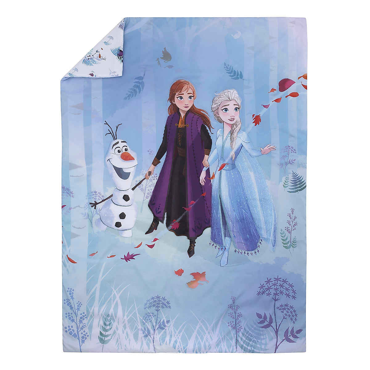 Disney Frozen 2 Nature is Magical Purple, Blue and White 4 Piece Toddler Bed Set - Comforter, Fitted Bottom Sheet, Flat Top Sheet, Reversible Pillowcase