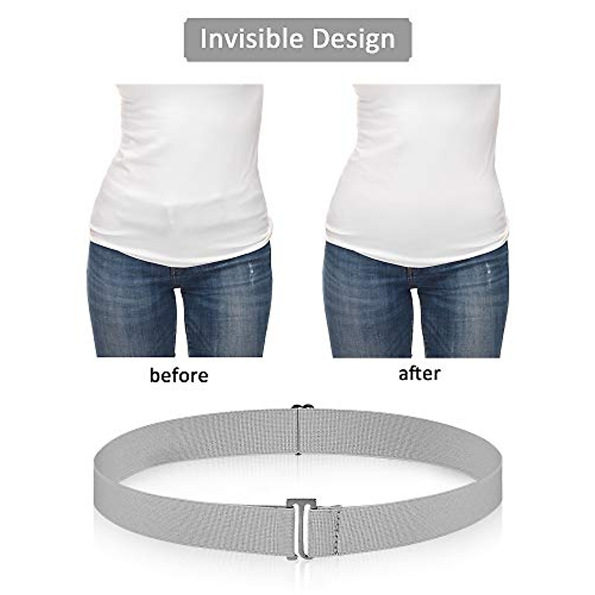 SATINIOR 4 Pack Women No Show Invisible Belt Elastic Stretch Waist Belt with Flat Buckle (Black White Grey Brown), Medium