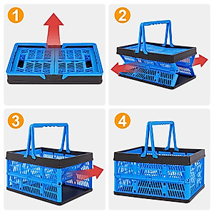TeukRiGa 3 Packs 20L Collapsible Shopping Basket With Handle, Collapsible Reusable Plastic Basket, Foldable Storage Crates