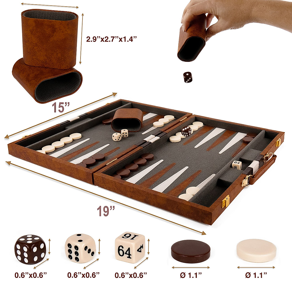 Backgammon Set - 15 Inch Classic Backgammon Board Game Sets Handheld - Backgammon Sets for Adults and Kids - Brown Faux Leather Case - Instruction