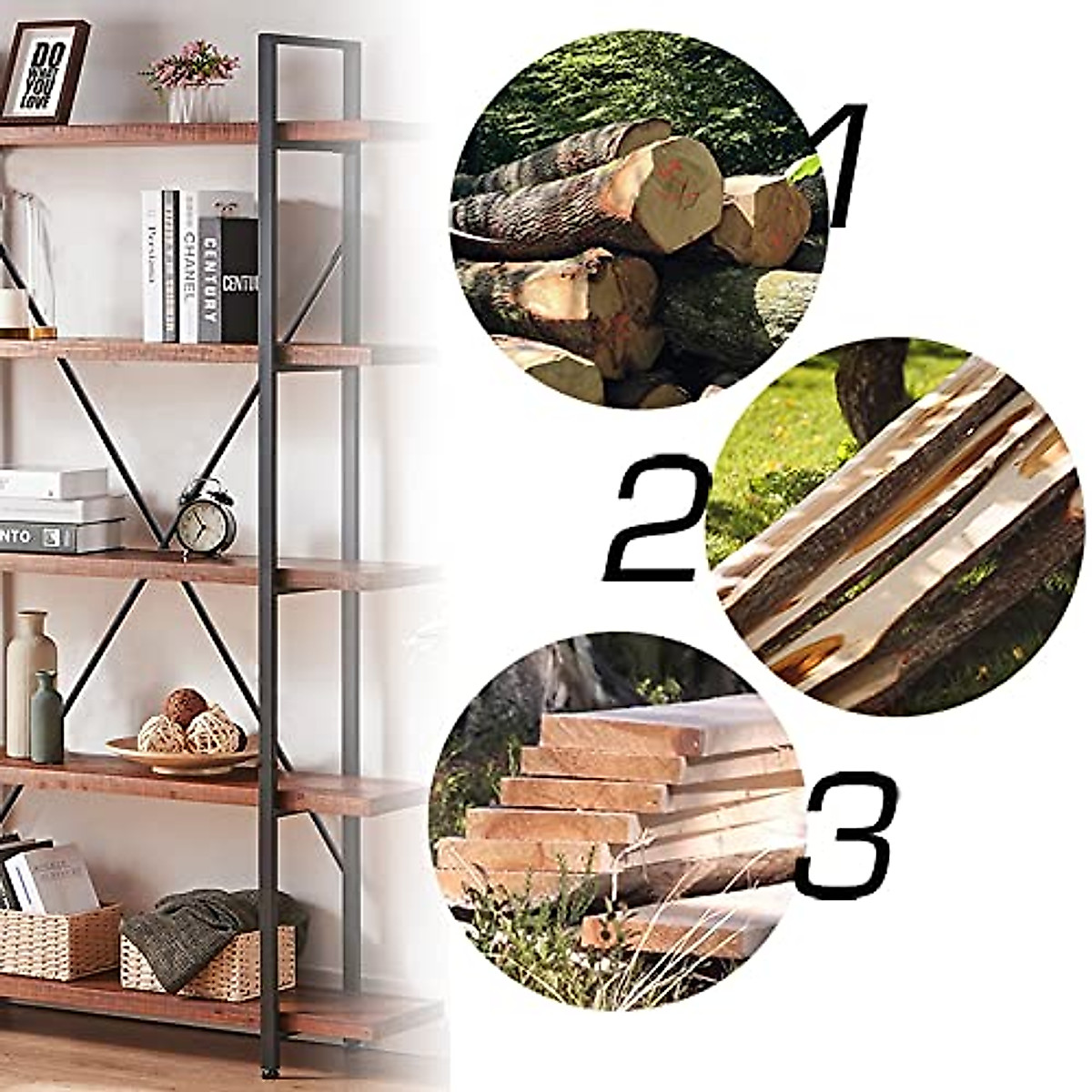 HSH Natural Real Wood Bookcase, 5 Tier Industrial Rustic Vintage Etagere Bookshelf, Open Metal Farmhouse Solid Wooden Book Shelf, Distressed Brown