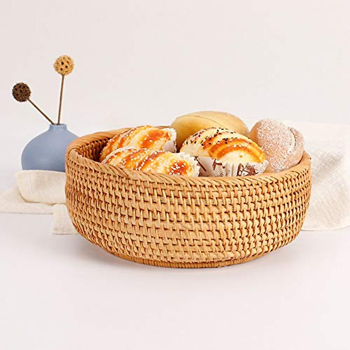 AMOLOLO Hadewoven Round Rattan Fruit Basket Wicker Food Tray Weaving Storage Holder Dinning Room Bowl, 10 Inch Woven Bread Basket Key Bowls with 4”Wall for Table, Countertop (Large 9.8")