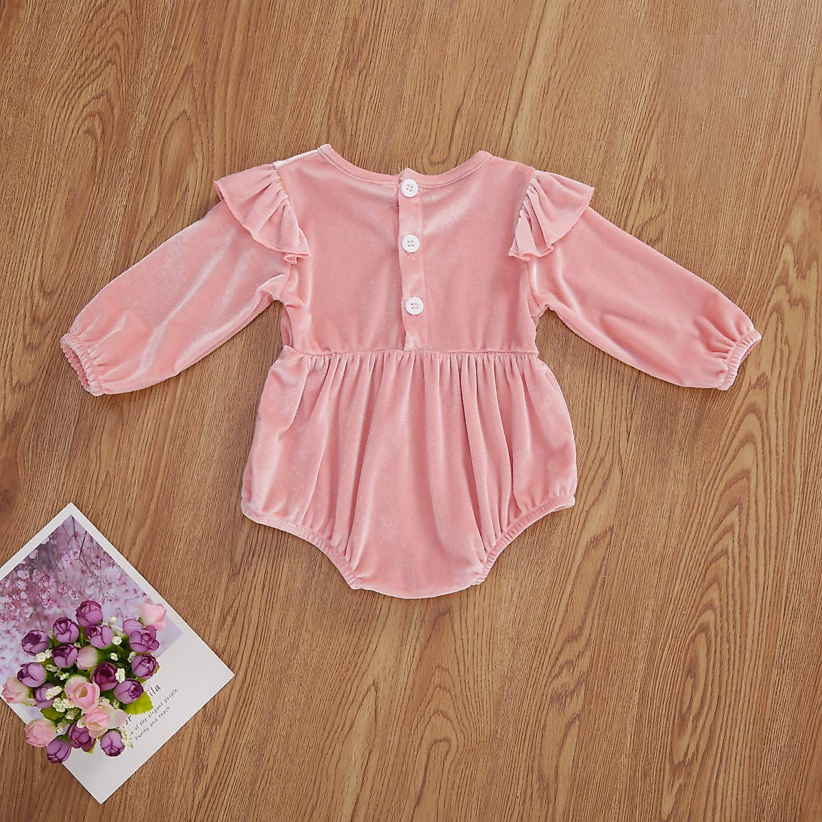 Infant Baby Girl Plain Fall Crushed Velvet Long Sleeve Bodysuits Romper Tops (A Peach Pink, 6-12 Months)