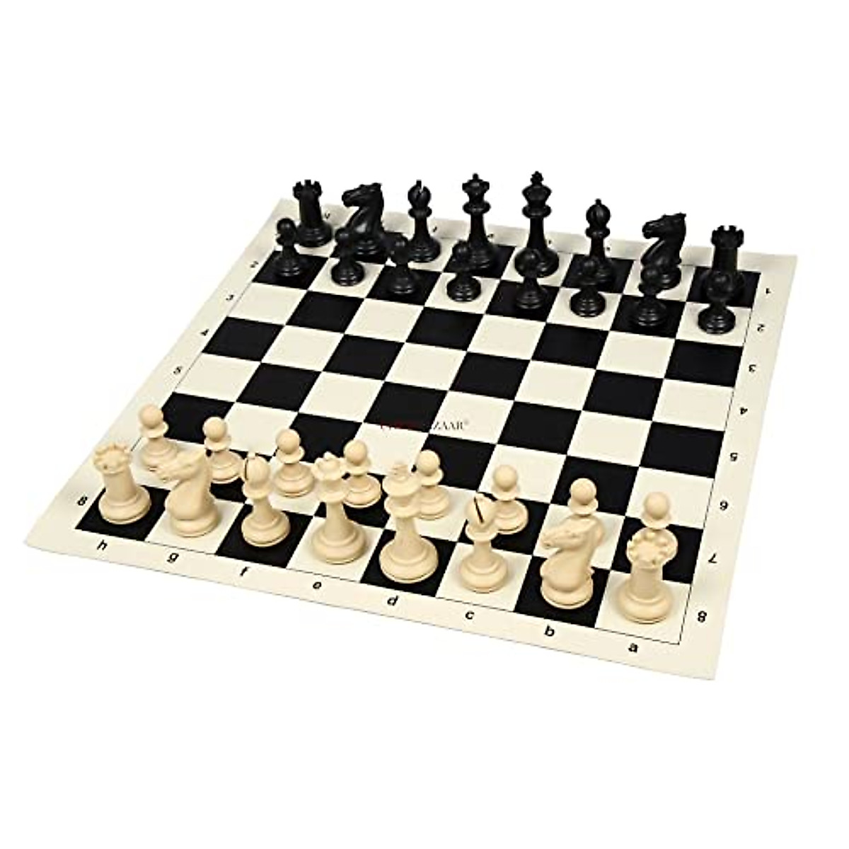 CHESSBAZAAR Study Library Tournament Plastic Chess Pieces & Roll Up Chess Board Combo |32 Pieces with 15 Inches Rollup Chessboard | Weight-340 grams | Black & Off-white |Plastic chess Set | Board Game