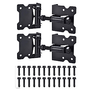 JIAHOO Self-Closing Gate Hinges Heavy Duty Door Hinges for Wooden/Vinyl/PVC Fences, 90 Degree Adjustable Gate Hinge Hardware Kit with Spring Adjuster Tool, Black(1 Pair-2 Hinges)