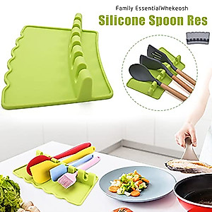 JINCAO 6 Slot Silicone Kitchen Utensil Rest with Widen Drip Pad for Multiple Utensils, Anti-slip Heat Resistant BPA-Free Rest Holder, Grill Utensil Rest, Upgraded Spoon Holder for Stove Top (Green)