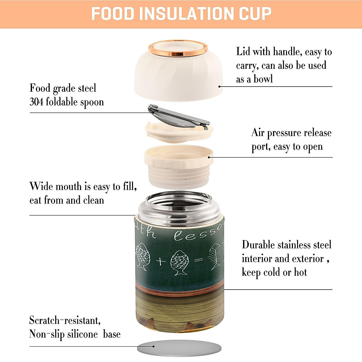 CUPADA Funny Cat Teacher Food Jar, Math Lesson Insulated Hot Food Jars Vacuum 17OZ with Folding Spoon for Work Trip Picnic Camping