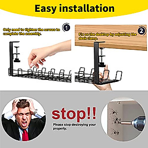 Under Desk Cable Management Tray - No Drilling, 16 x 6.3 x 7.6 inch High-Capacity Wire Management Under Desk,Cord Management Under Desk with Desk Clamp,No Damage to Desk,Fits Most Desks