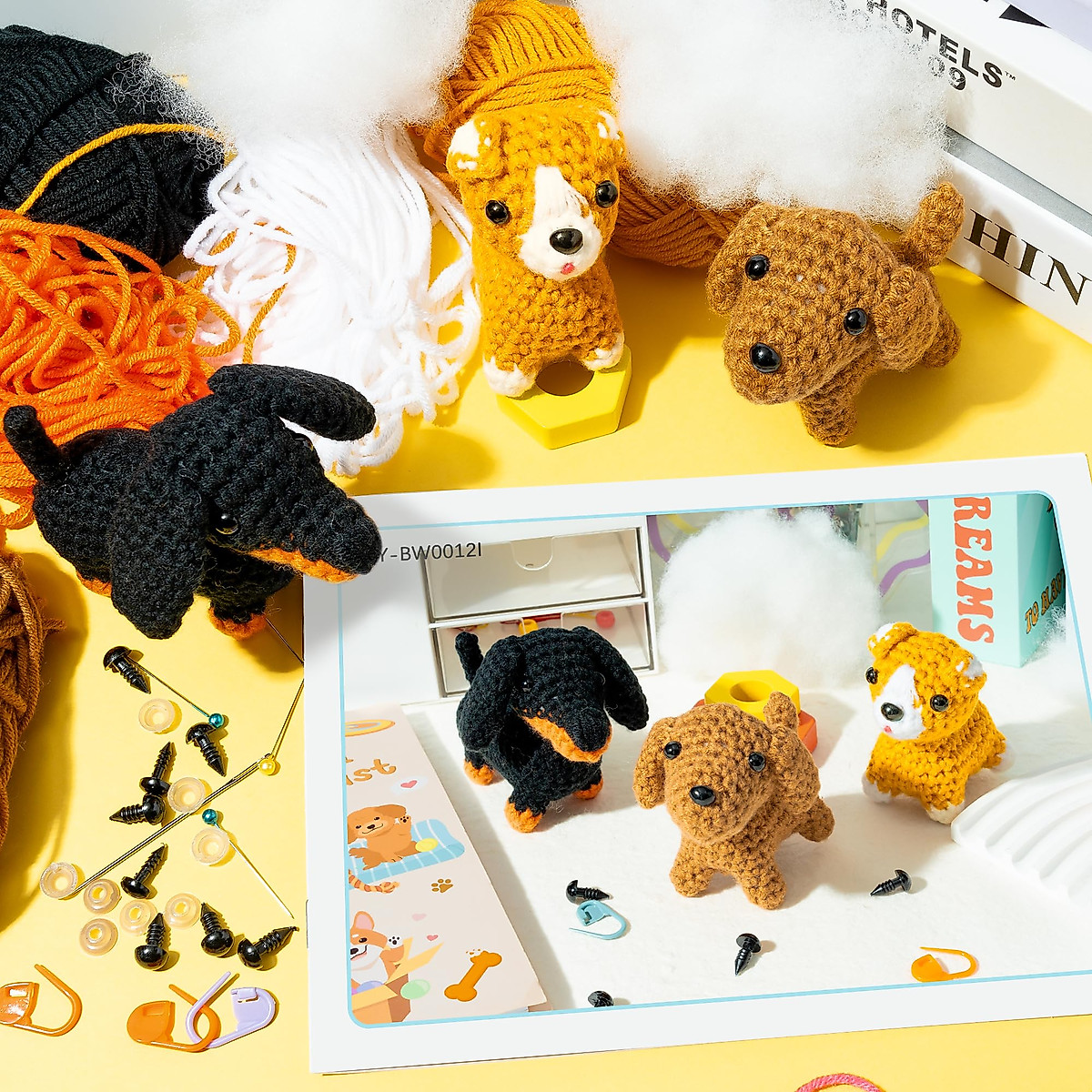 BWkoss Crochet Kit for Beginners, Cute Animal Dog Crochet Starter Kit Dachshund Golden Retriever Welsh Corgi DIY Yarn Knitting Craft Supplies with Step-by-Step Video Tutorials for Knitting Enthusiast
