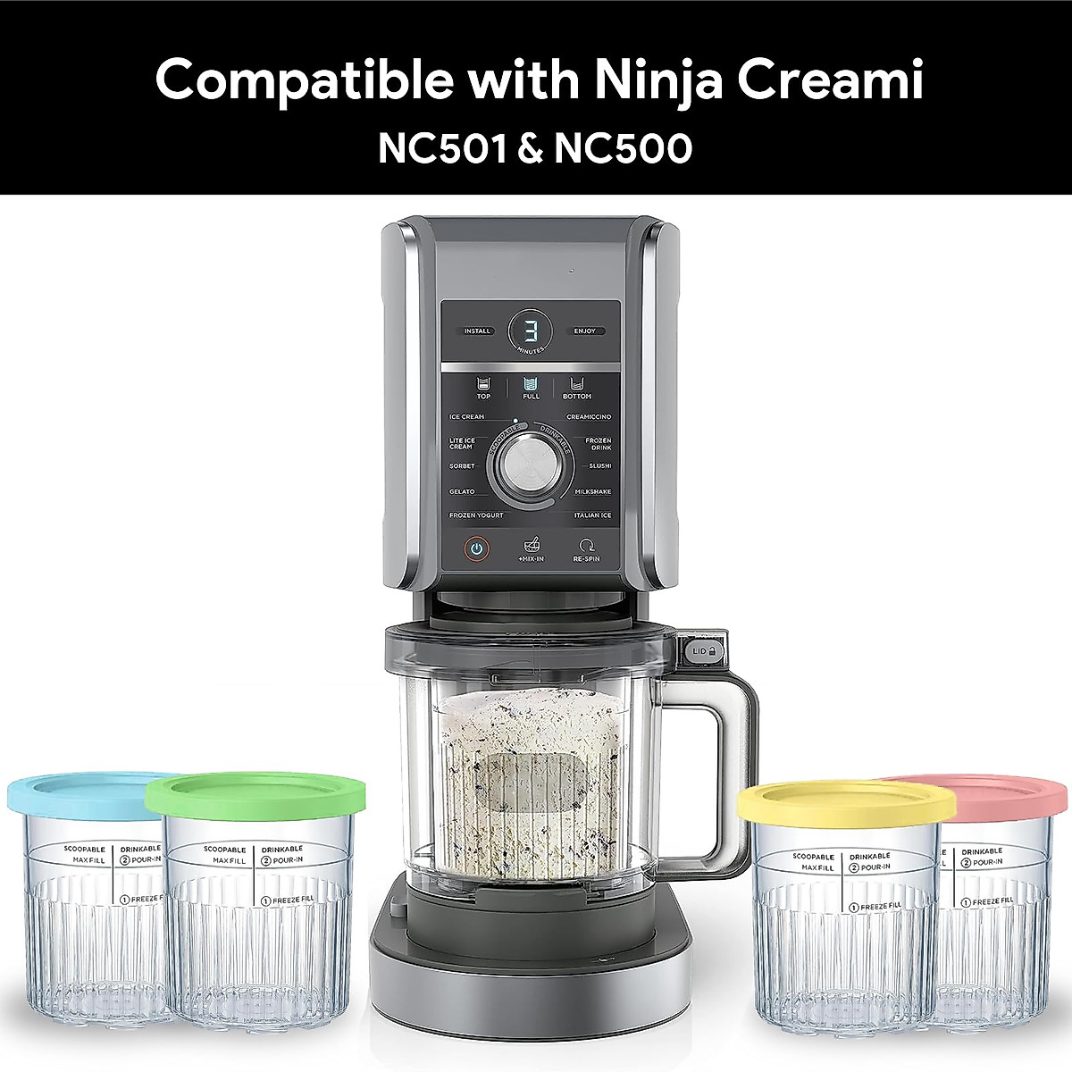 ChooKaChoo Upgraded Containers Replacement for Ninja Creami Pints and Lids, Compatible with NC301 NC300 Series Ice Cream Maker, Leak-proof Lids, BPA Free, Dishwasher Safe, Grey/Lime/Pink/Aqua (NC501)