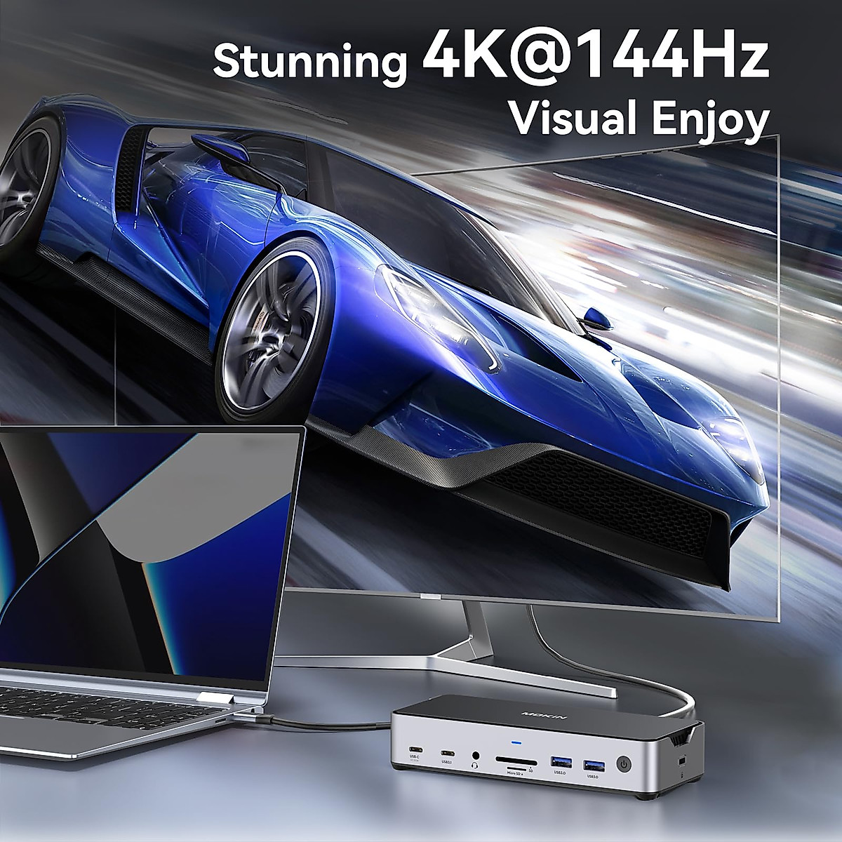 USB C Docking Station 3 Monitors Laptop USB C Dock Dual Monitor with 2 HDMI DisplayPort 4K144Hz,USB A 2.0/3.0,USB C 3.1 10Gbps&30W Output,Ethernet,MicroSD&SD,Audio&Mic,150W DC Power for Dell/Lenovo/HP